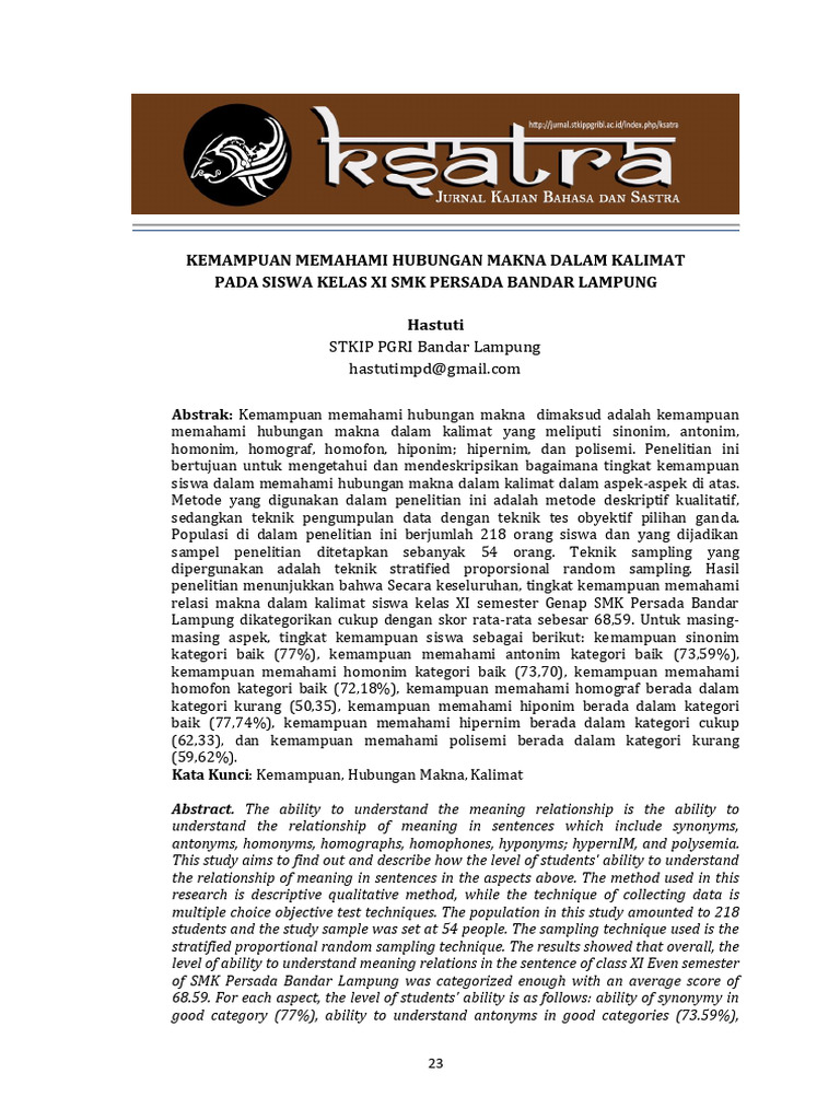 Kemampuan Memahami Hubungan Makna Dalam Kalimat Pada Siswa Kelas Xi SMK ...