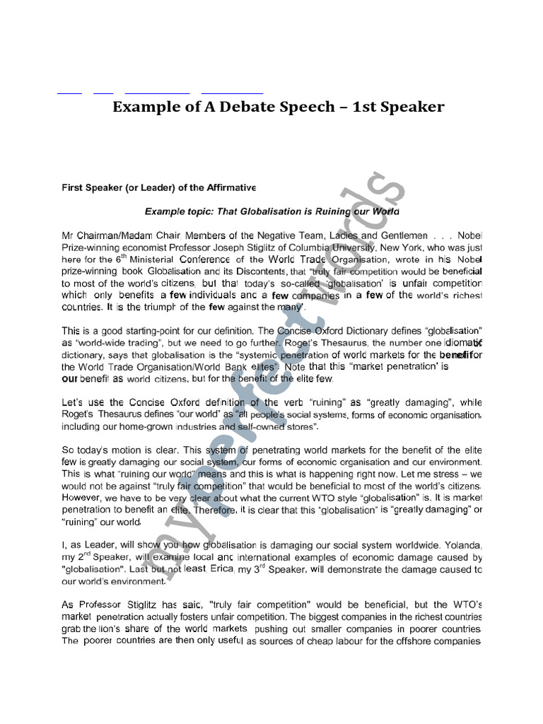First Speaker Debate Speech Example PDF | PDF