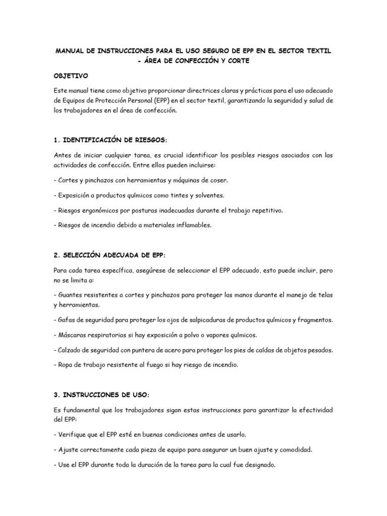 Manual de Instrucciones para El Uso Seguro de Epp en El Sector Textil | PDF