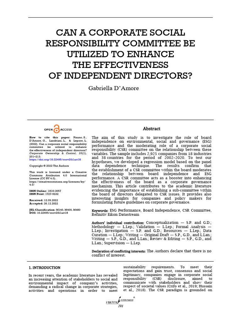 Can A Corporate Social Responsibility Committee Independent Directors | PDF