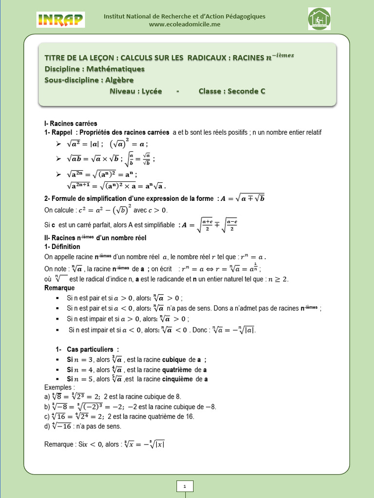 Propriétés et calculs des radicaux | PDF | Racine carrée | Mathématiques