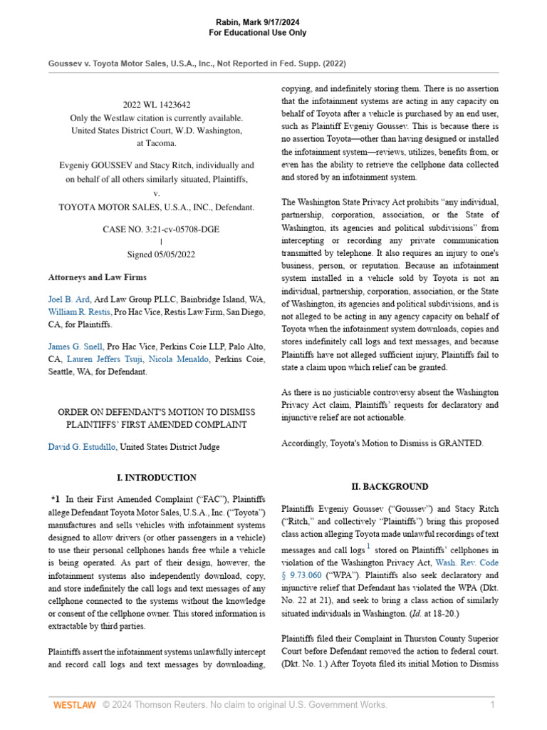 Goussev V Toyota Motor Sales USA Inc | PDF