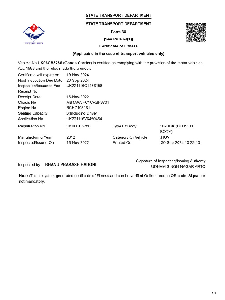 State Transport Department State Transport Department Form 38 (See Rule ...
