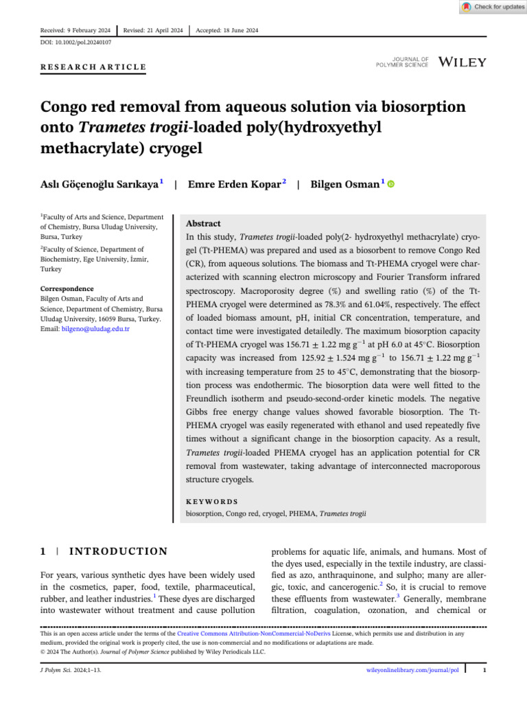 Journal of Polymer Science - 2024 - Sarıkaya - Congo Red Removal From Aqueous Solution Via ...