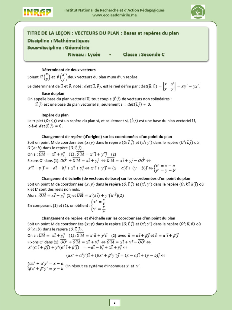 Maths 2nd C VECTEURS DU PLAN Bases Et Repres | PDF