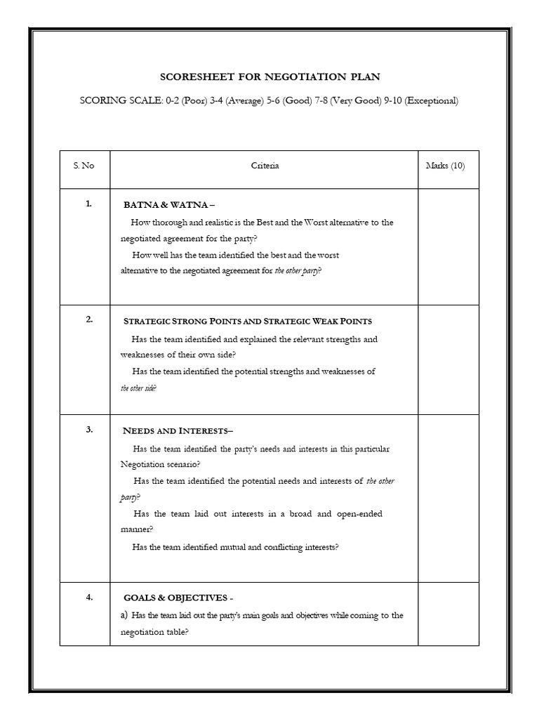 Negotiation Plan Scoresheet | PDF