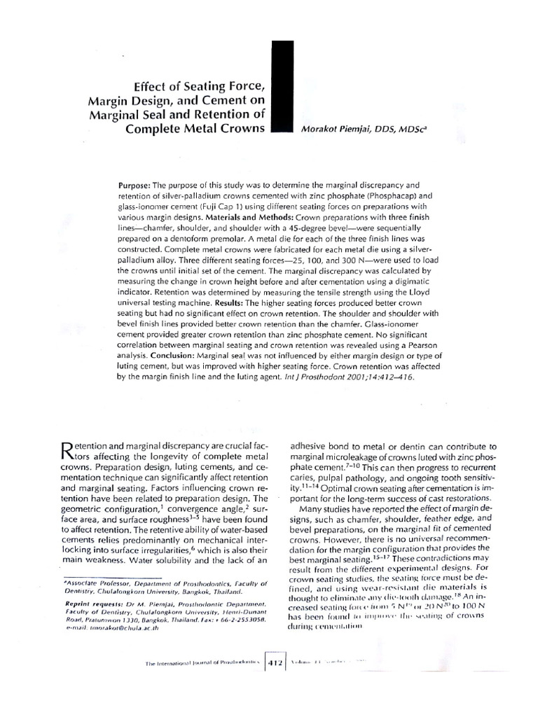 Effect of Seating Force, Margin Design and Cement On Marginal Seal and ...