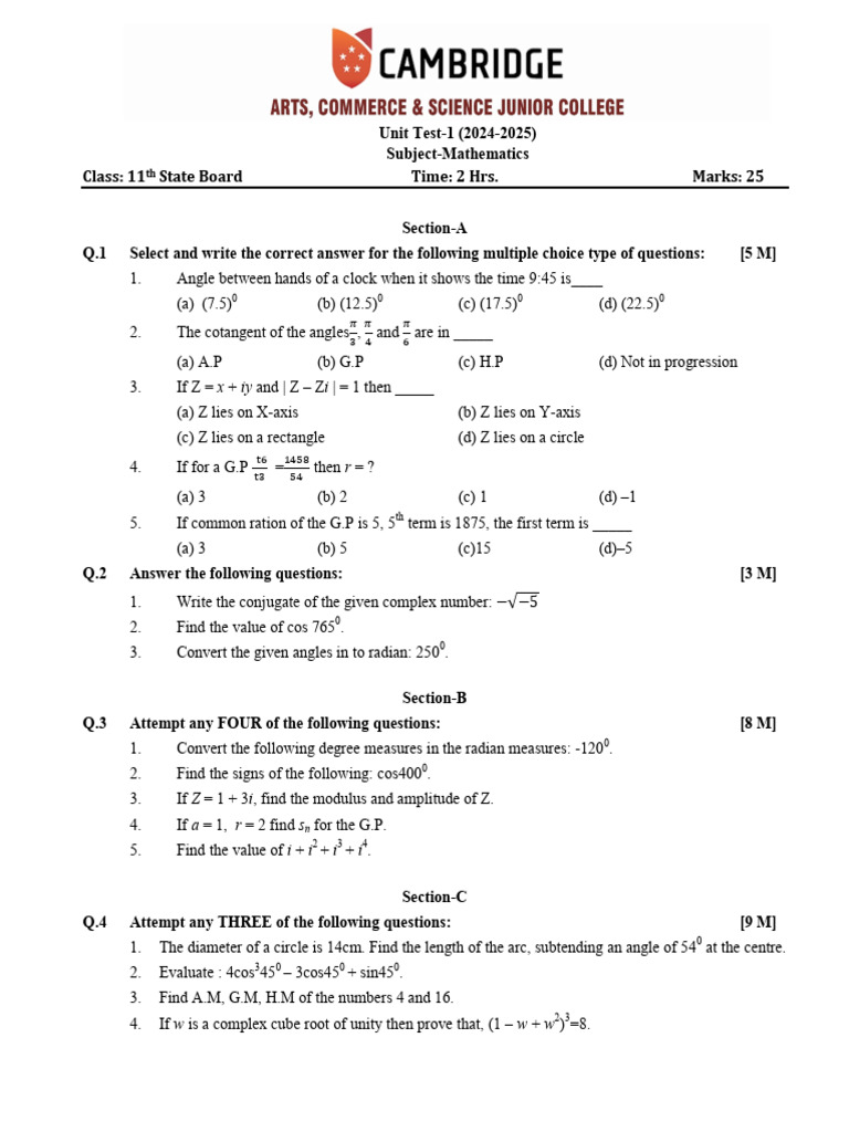 Maths 11th Question Paper | PDF | Angle | Complex Analysis