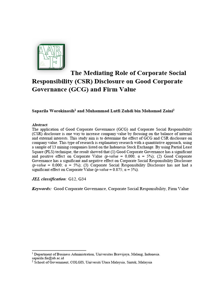 The Mediating Role of Corporate Social Responsibility (CSR) Disclosure On Good Corporate ...