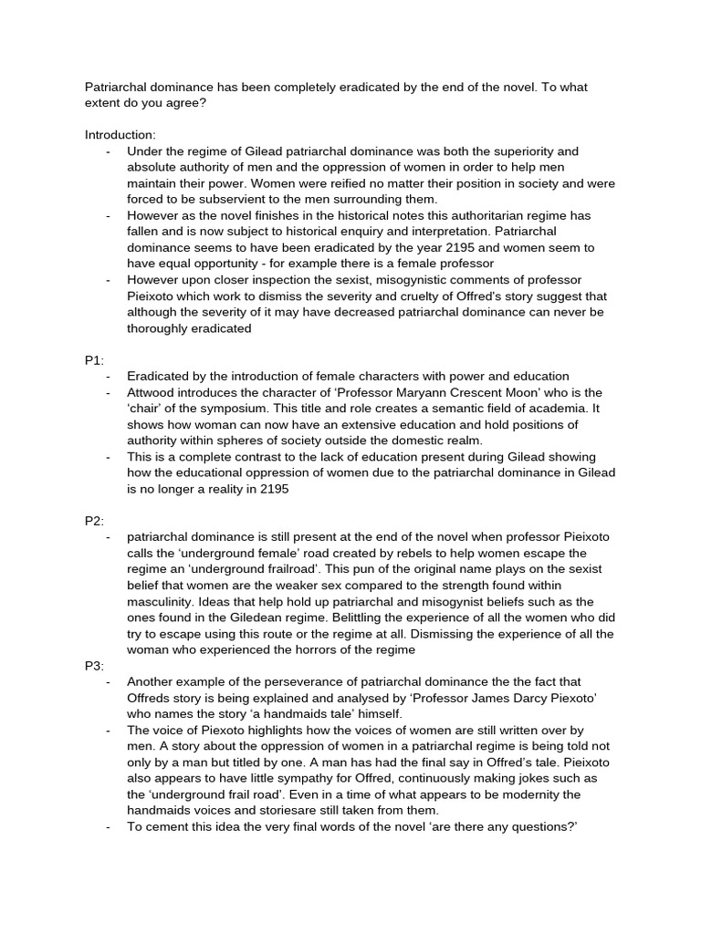 The Handmaids Tale Essay Plan | PDF | Patriarchy | Gender Studies