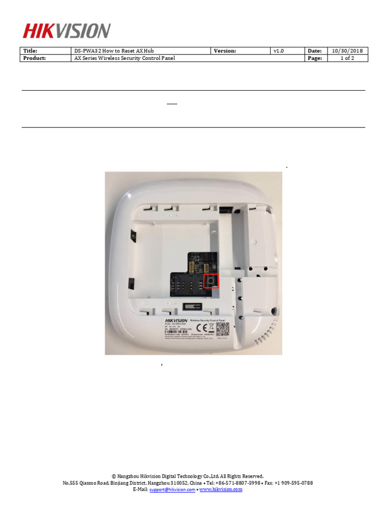 【2102】DS PWA32 How to Reset AX Hub Wireless Control Panel | PDF