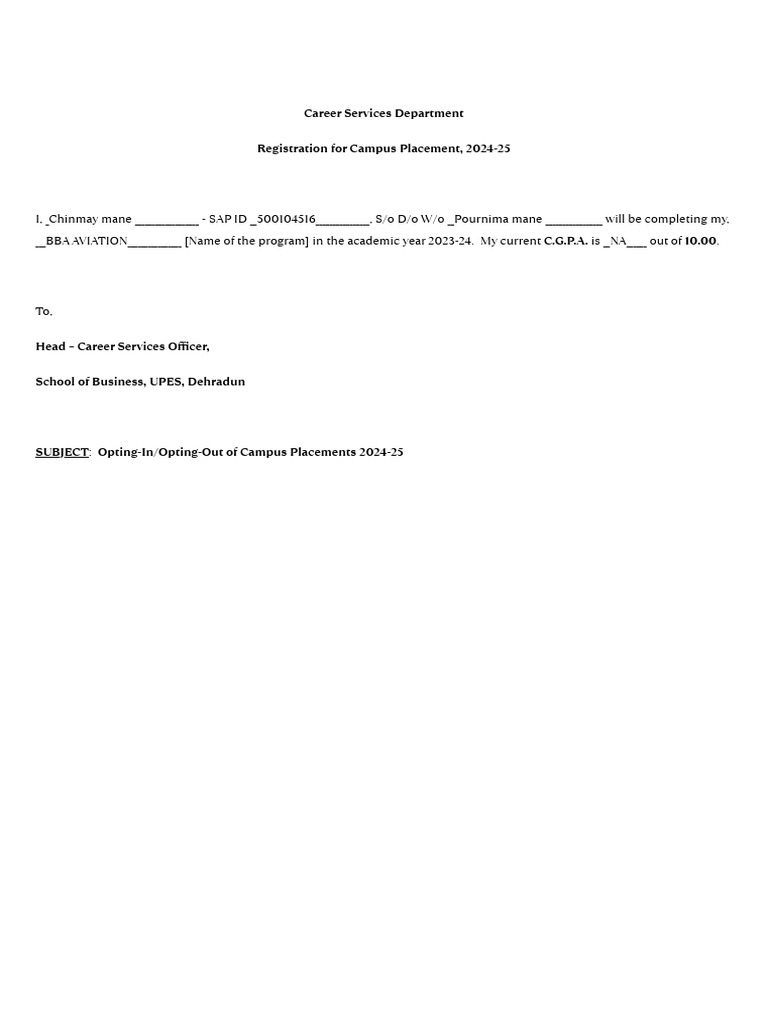 Campus Placement - Registration Form - 2024-25 | PDF