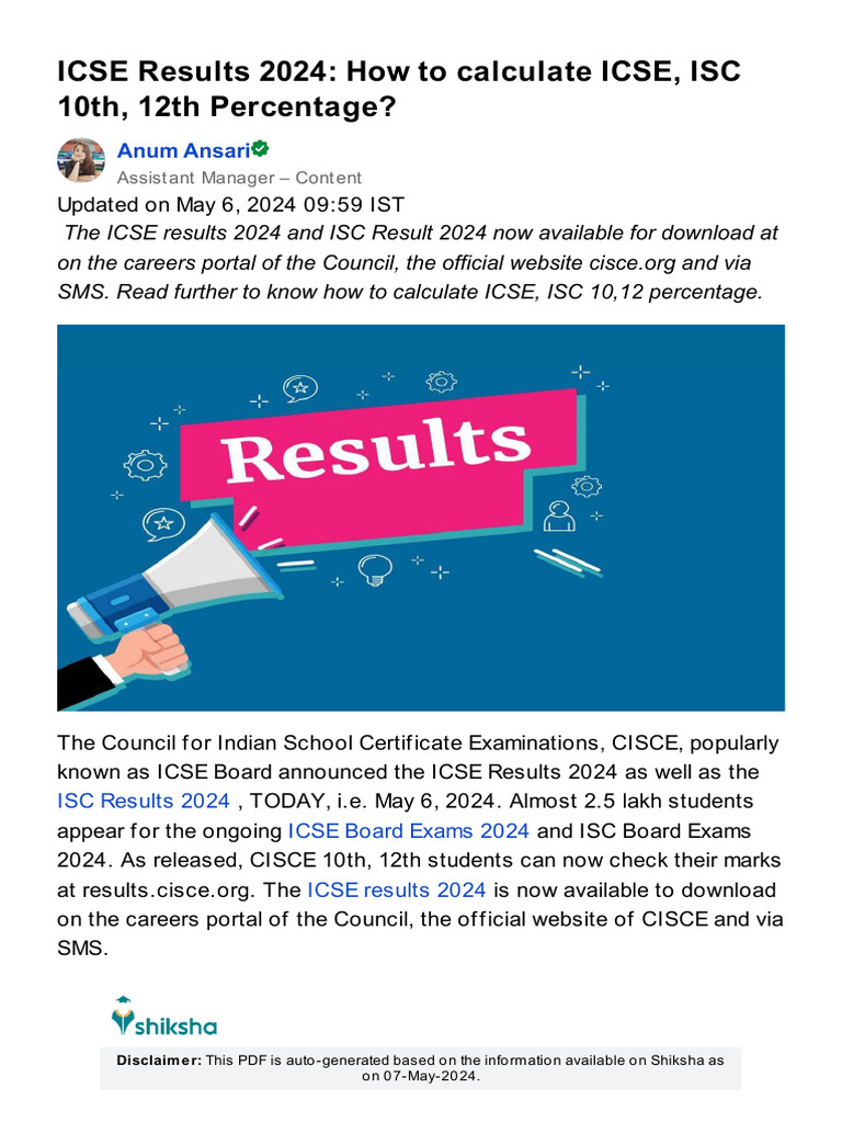 ICSE Results 2024: How To Calculate ICSE, ISC 10th, 12th Percentage? | PDF