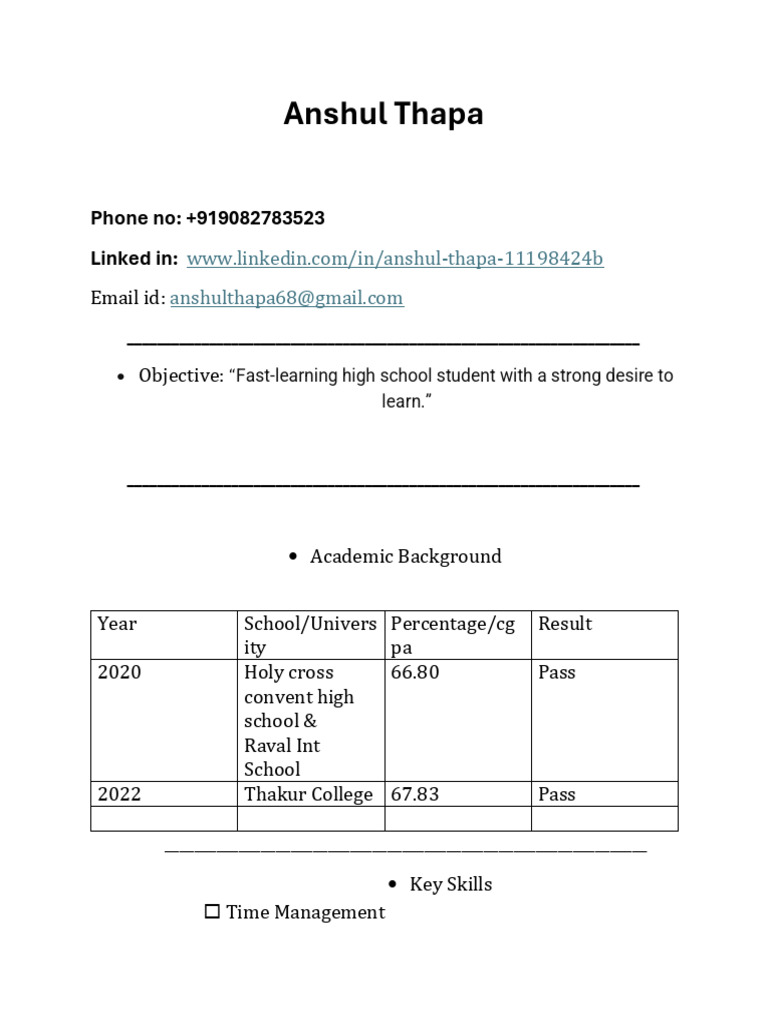 Anshul Thapa CV Bba Avm | PDF