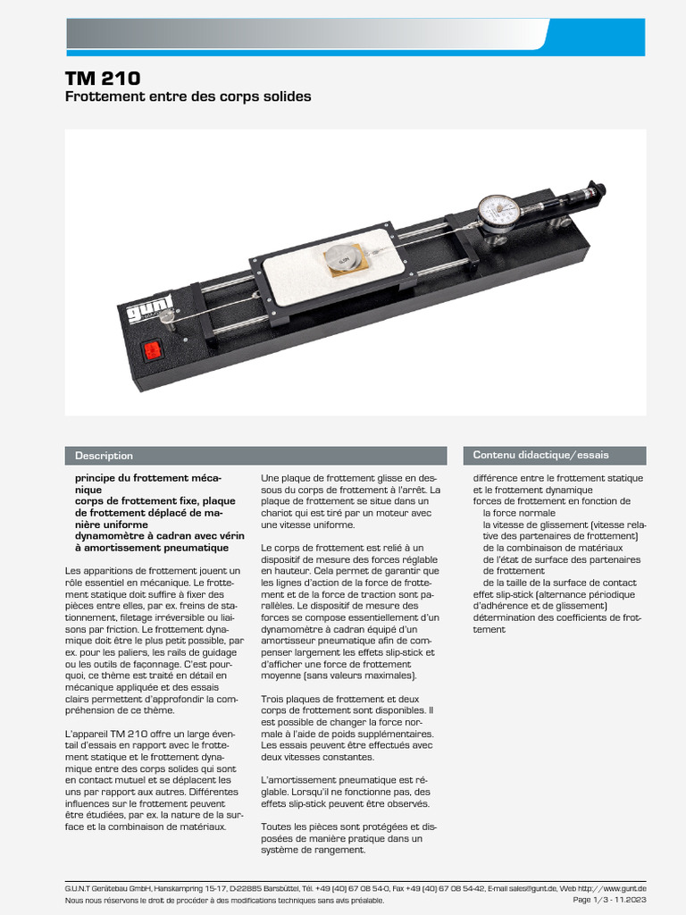 TM 210 Frottement Entre Des Corps Solides Gunt 1385 PDF - 1 - FR FR | PDF