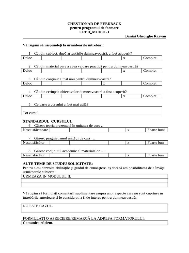 Chestionar Feedback - Modul 1-1 | PDF
