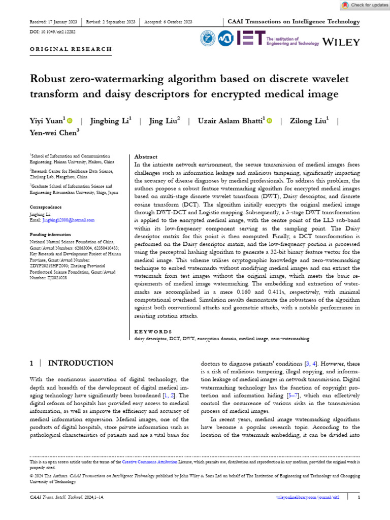 CAAI Trans On Intel Tech - 2024 - Yuan - Robust Zero Watermarking Algorithm Based On Discrete ...