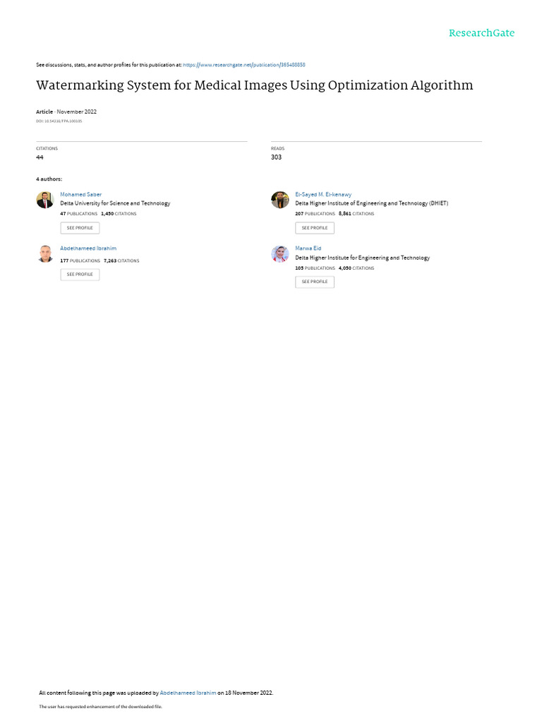 Watermarking System For Medical Images Using Optimization Algorithm | PDF