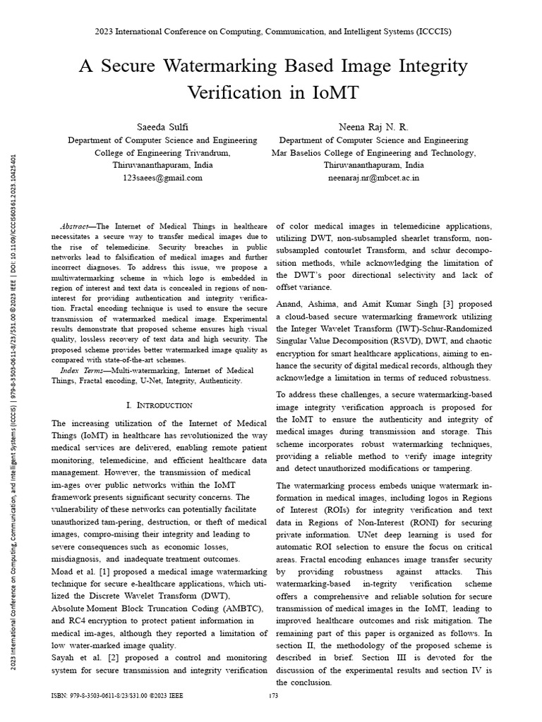 A Secure Watermarking Based Image Integrity Verification in IoMT | PDF