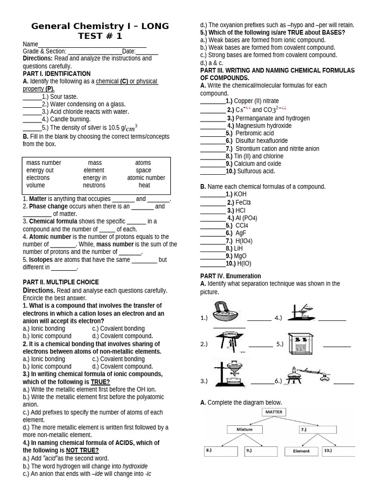 Final Long Test in General Chemistry | PDF