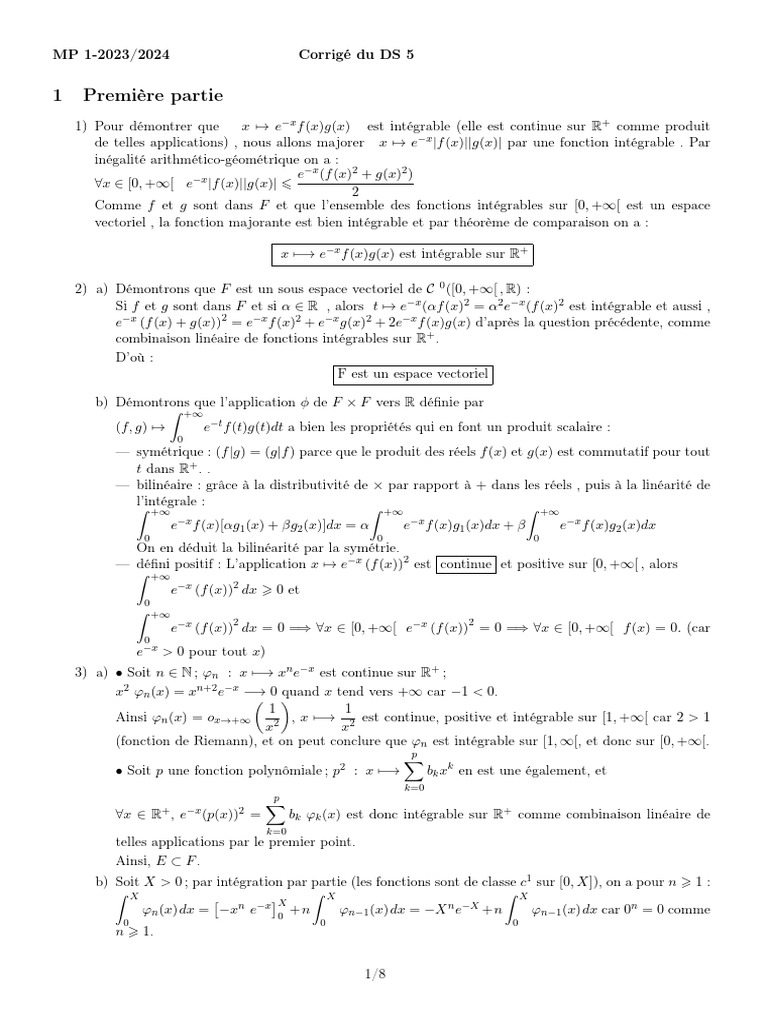 1 Première Partie: MP 1-2023/2024 Corrigé Du DS 5 | PDF