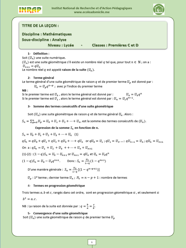 MATHS - 1ere C-D - SUITES GEOMETRIQUES | PDF