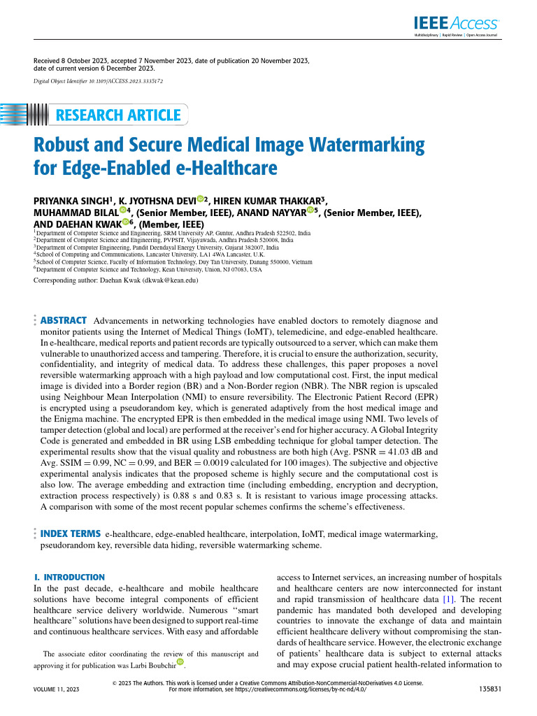 Robust and Secure Medical Image Watermarking For Edge-Enabled E-Healthcare | PDF