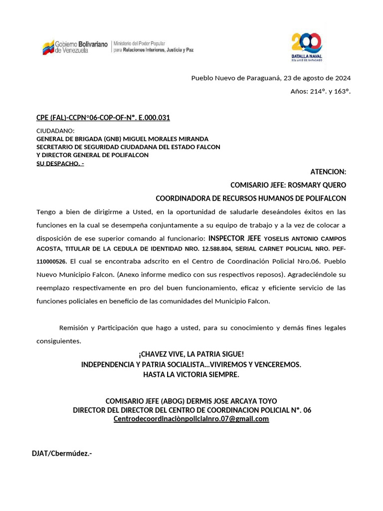 OFICIO COMANDANCIA TRANSFERENCIA Agosto 2024 - CAMPOS | PDF