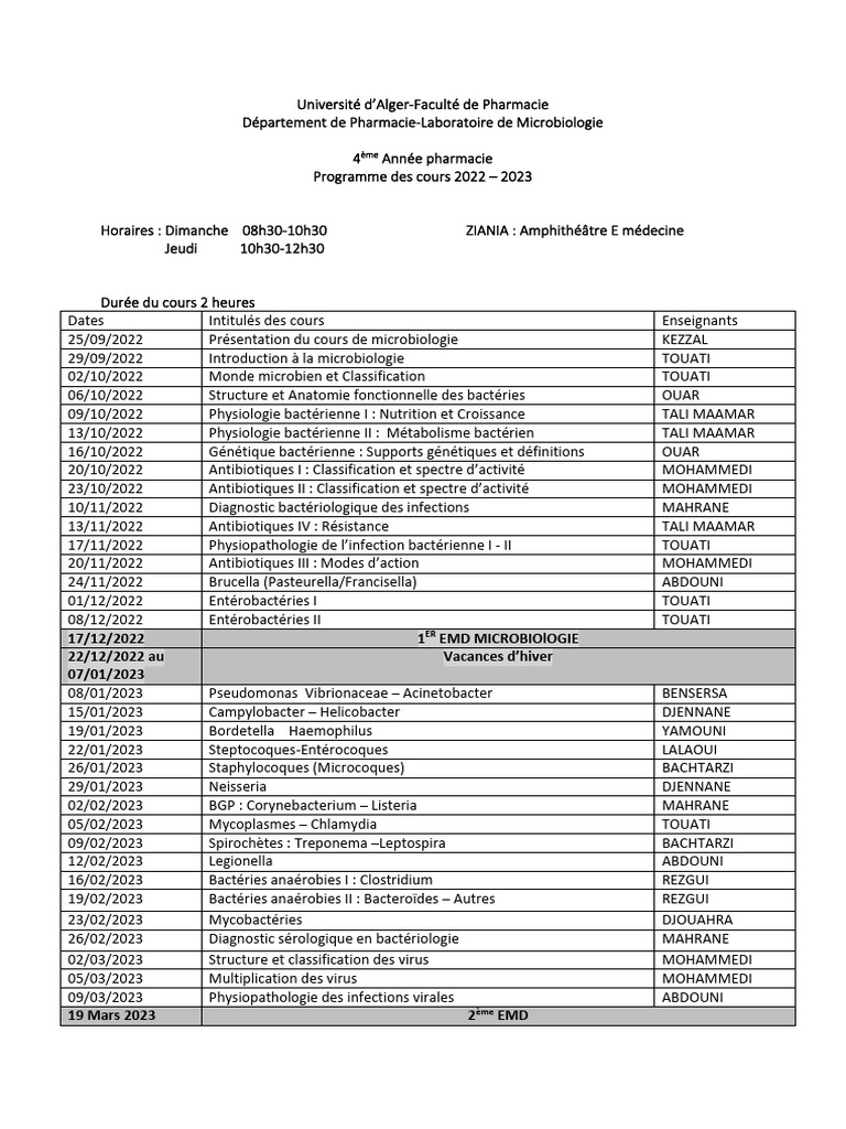 Programme Définitif Cours 2022-2023 | PDF