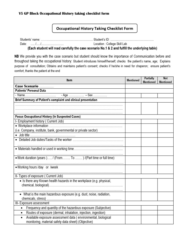 Occupational History Taking Checklist Form Final 2 | PDF