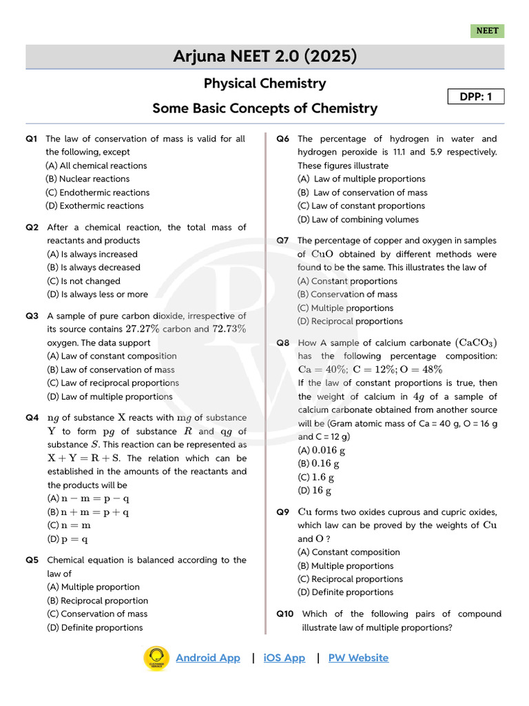 Some Basic Concepts of Chemistry - DPP 01 (Of Lec 03) - Arjuna NEET 2.0 2025 | PDF