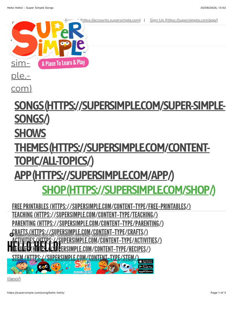 Hello Hello! - Super Simple Songs | PDF