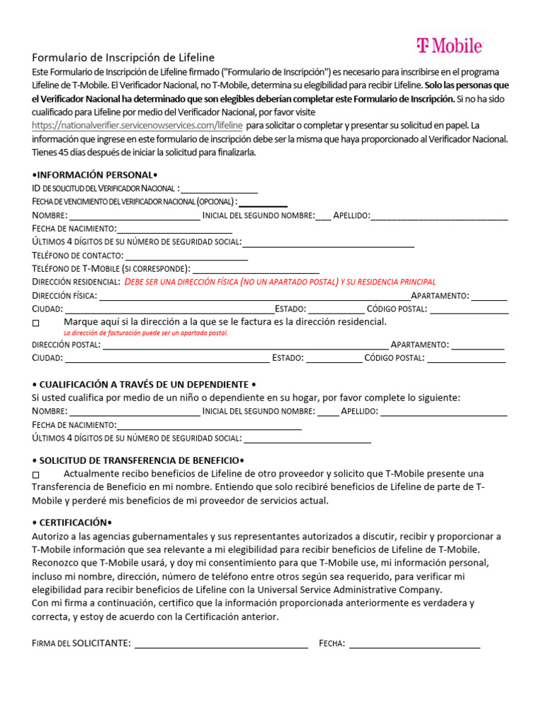 Formulario Lifeline Enrollment | PDF