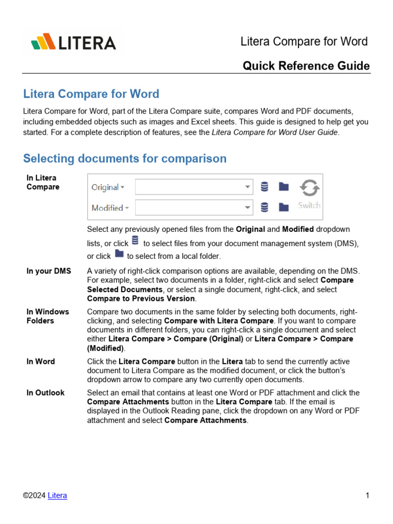 Litera Compare For Word 11.9 Quick Reference Guide | PDF