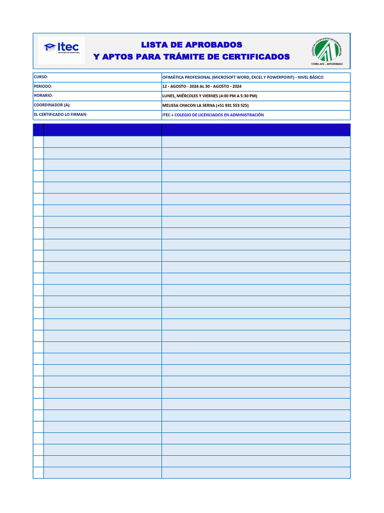 Lista de Aptos Ofimática Profesional - Nivel Básico | PDF