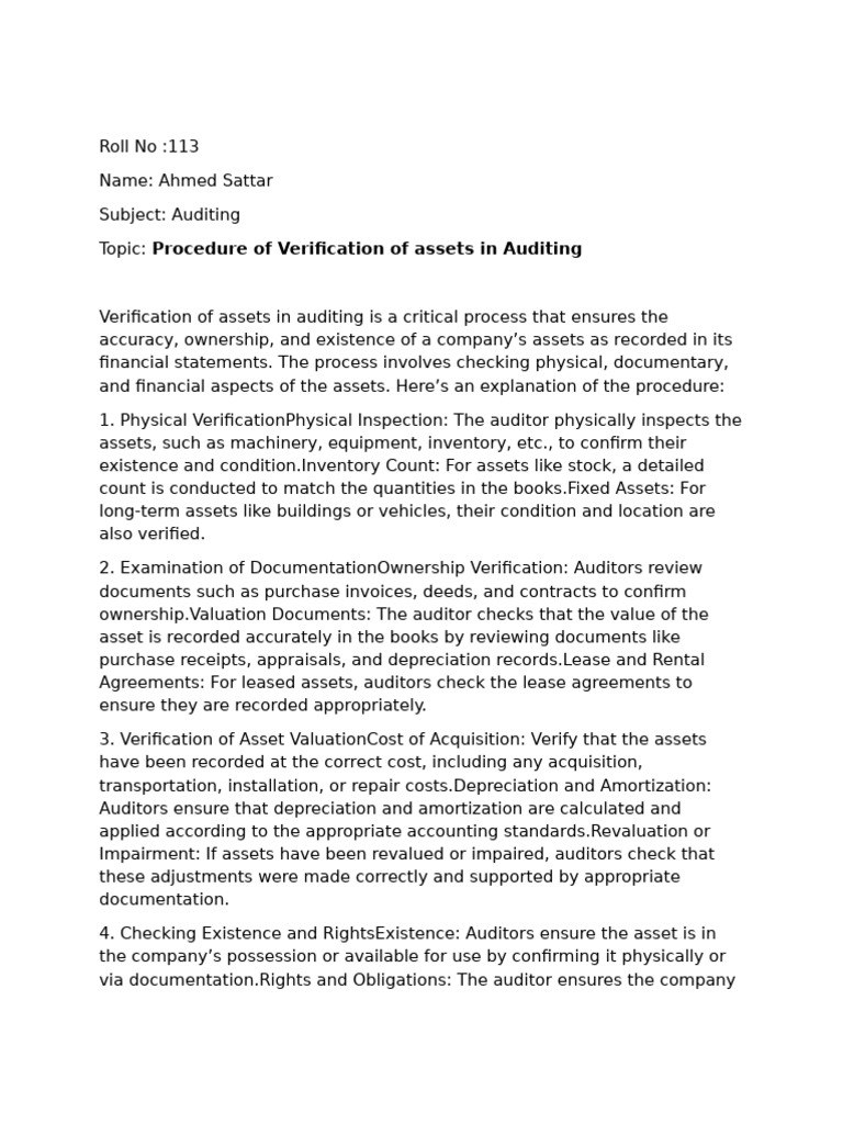 Procedure of Verification of Assets in Auditing | PDF