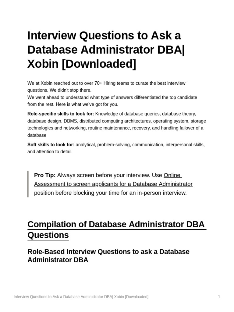 Interview Questions To Ask A Database Administrator DBA Xobin Downloaded | PDF | Databases ...