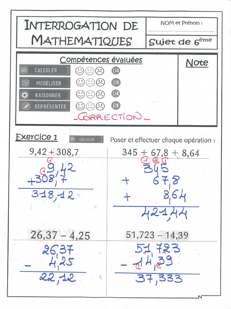 Interrogation Addition Et Soustraction Correction PDF | PDF