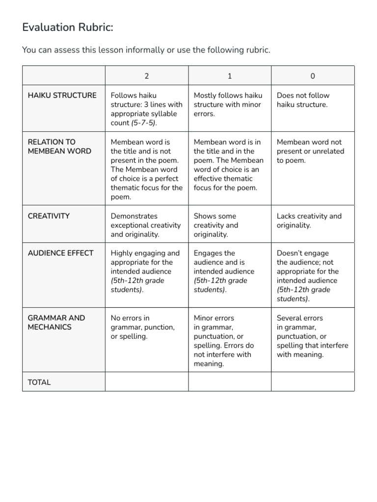 Membean Haiku Rubric | PDF