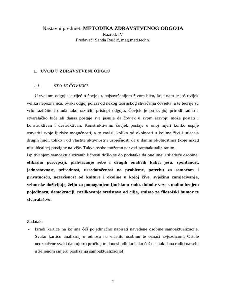 METODIKA ZDRAVSTVENOG ODGOJA - Nastavni Materijal | PDF