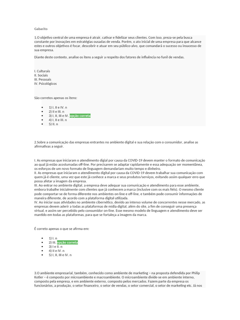 1° - PROVA Gabarito Marketing | PDF