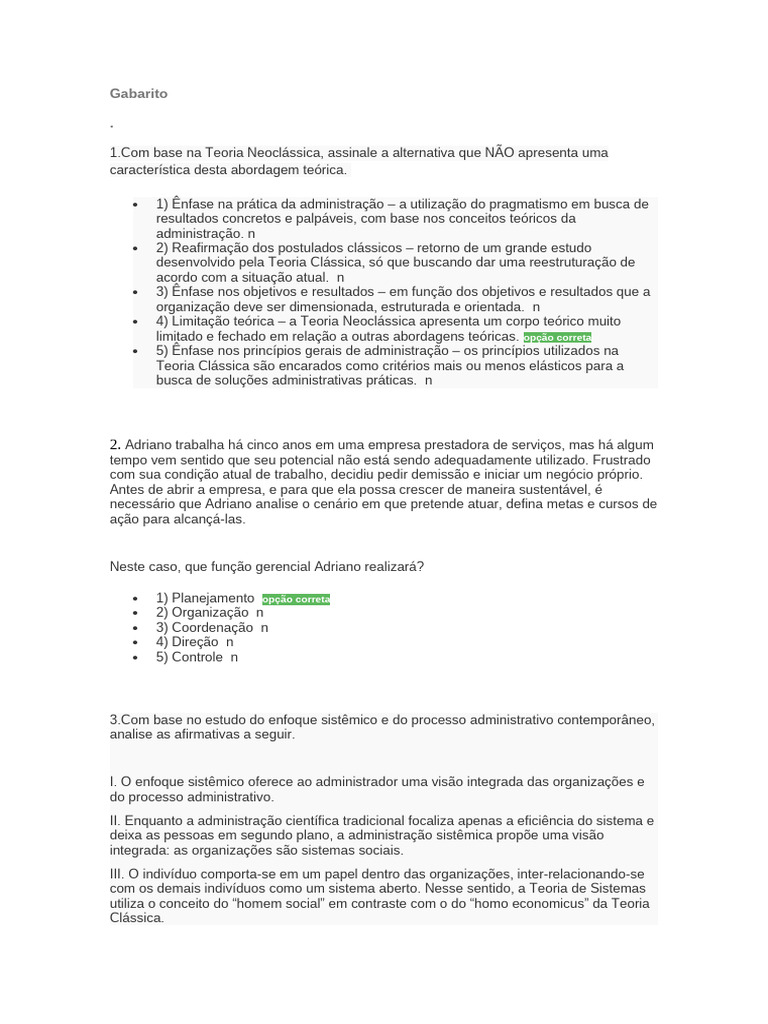 1° - PROVA Gabarito Teorias Adm | PDF