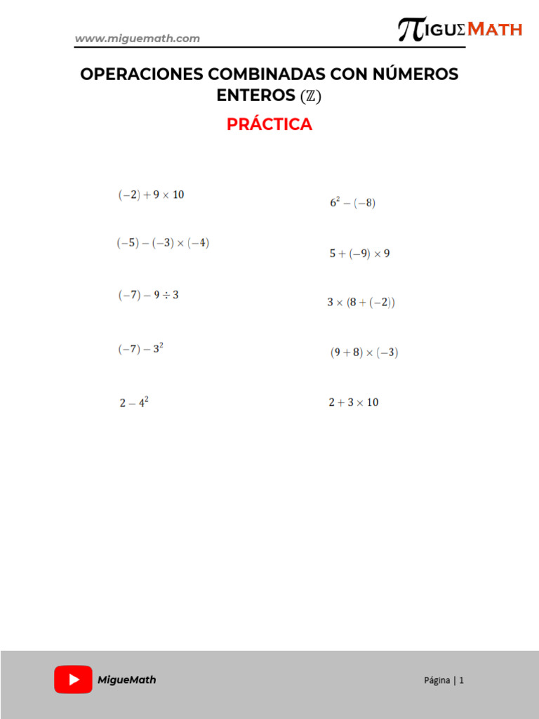 Operaciones Combinadas Con Numeros Enteros Practica Problemas Desarrollados 1 | PDF