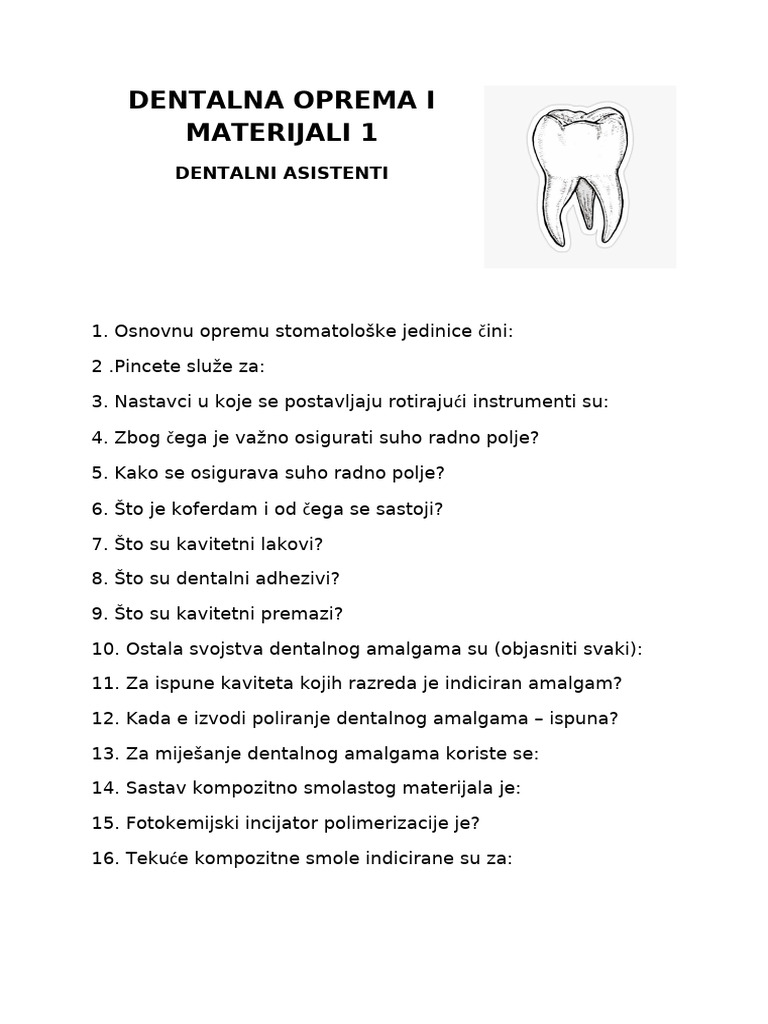 DENTALNA OPREMA I MATERIJALI 1 - Listić Za Ponavljanje | PDF