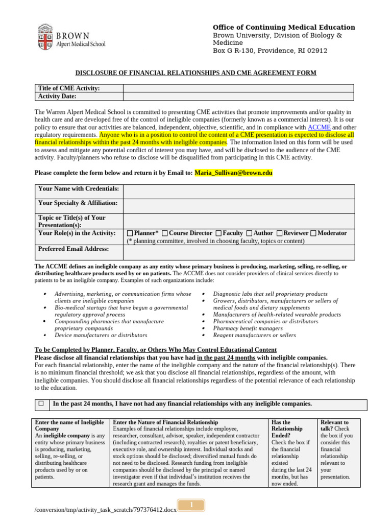 2-BrownCME - Disclosure Form - 04-2021-Final (For Use 2024) | PDF ...
