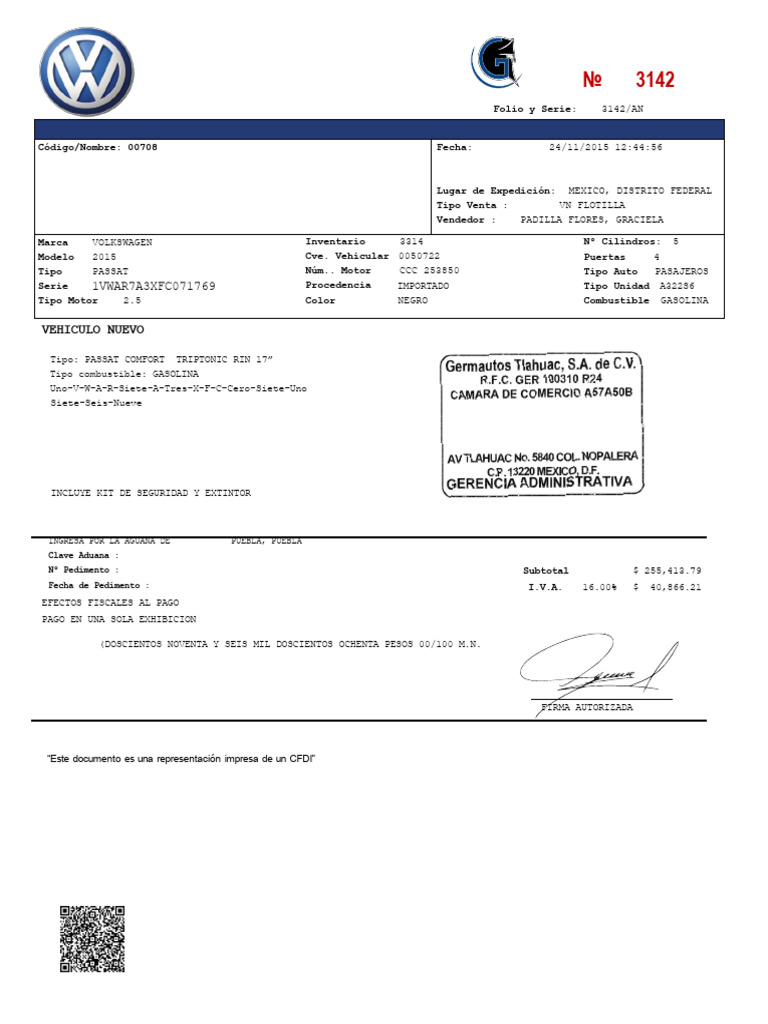 Factura Volkswagen 2016 | PDF