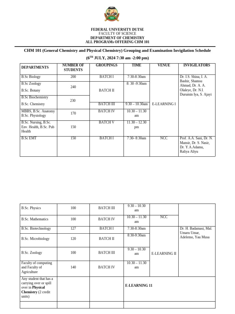 CHM 101 CBT Schedule 23-24 | PDF