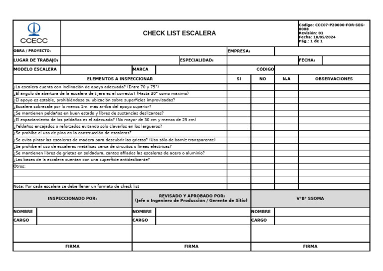 CCC07-P20000-FOR-SEG-0008 Rev. 00 - Check List de Escalera | PDF