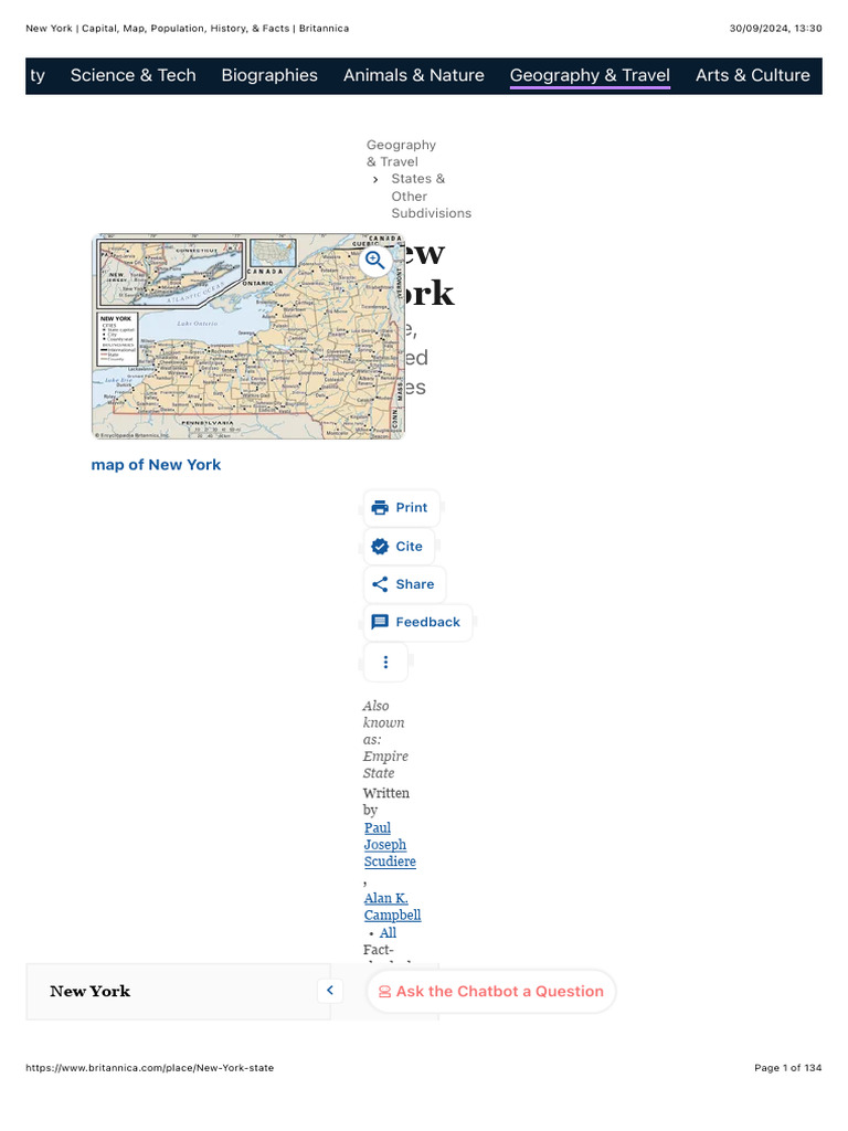 New York - Capital, Map, Population, History, & Facts - Britannica | PDF