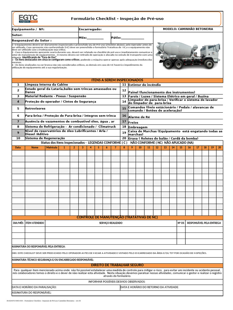 FORMULÁRIO DE INSPEÇÃO - PRÉ USO CAMINHÃO BETONEIRA Rev.01 | PDF